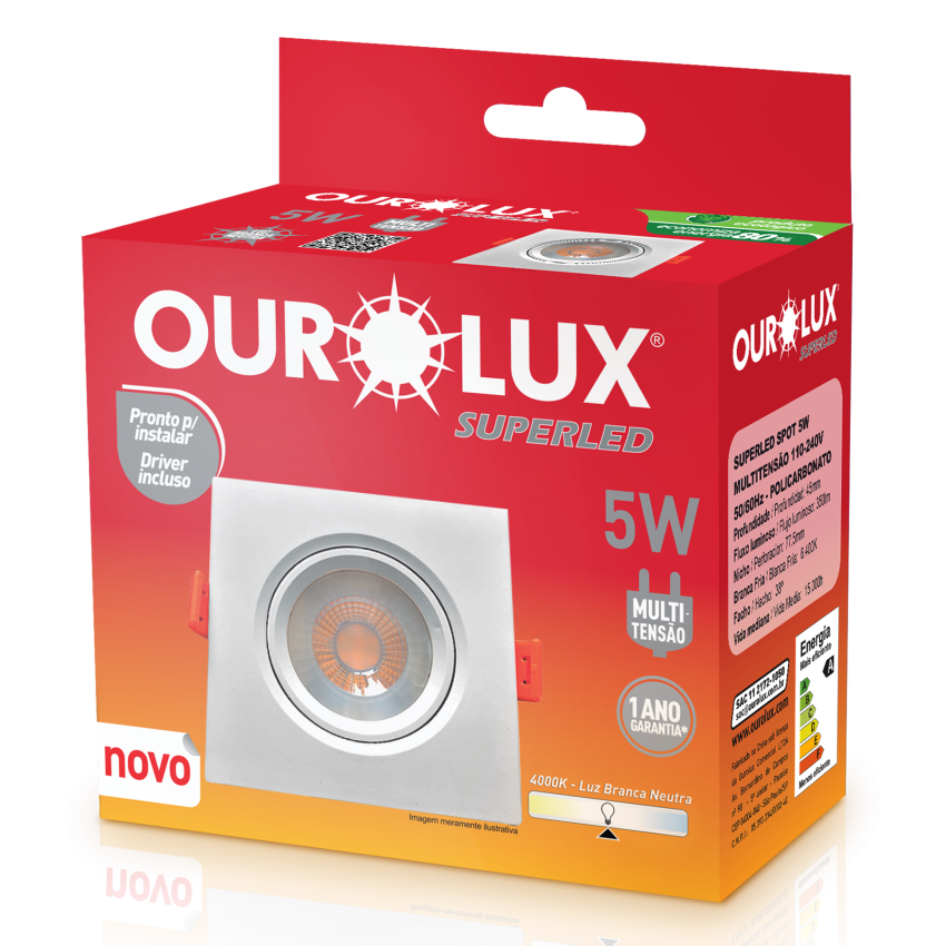 Superled SPOT Quadrado 5W 4000K Branco - Ourolux
